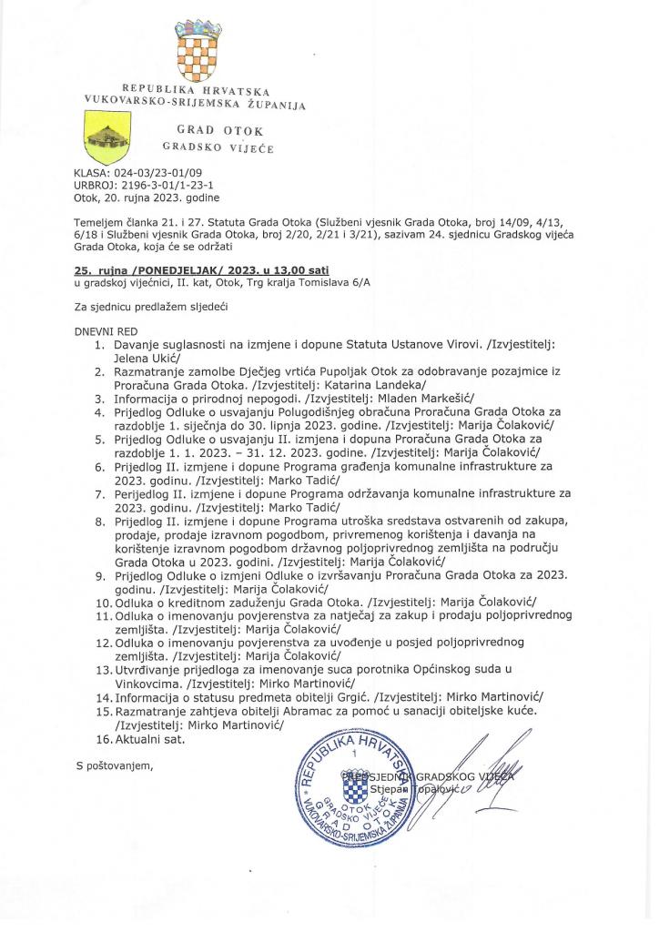 Najava: 24. sjednica Gradskog vijeća Grada Otoka | Grad Otok